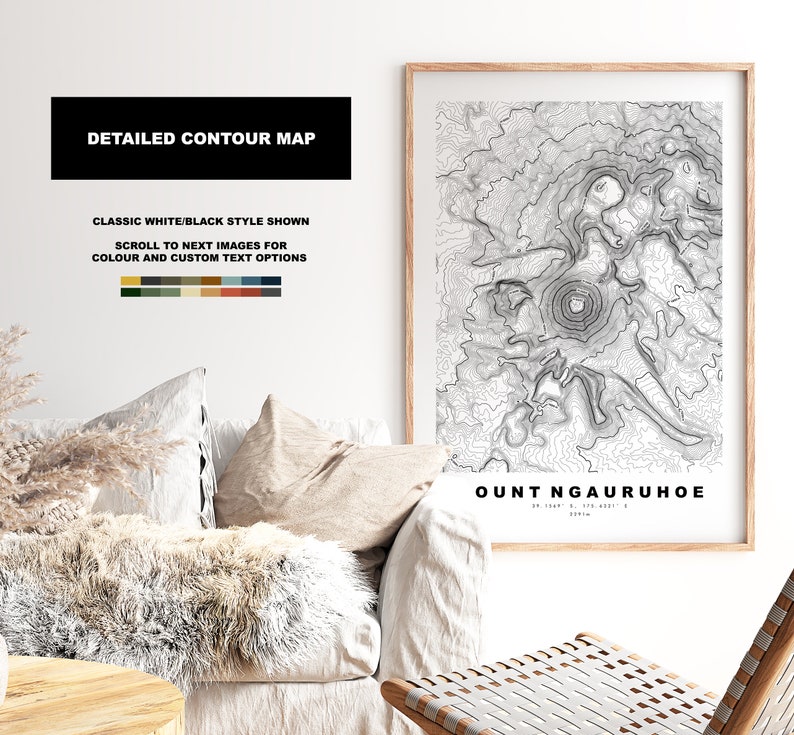 Mount Ngauruhoe Print - Contour Map - Topographic Map - Print - Poster ...