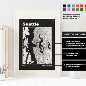 Seattle Map Print - Custom Options/colours Available - Prints or Framed ...