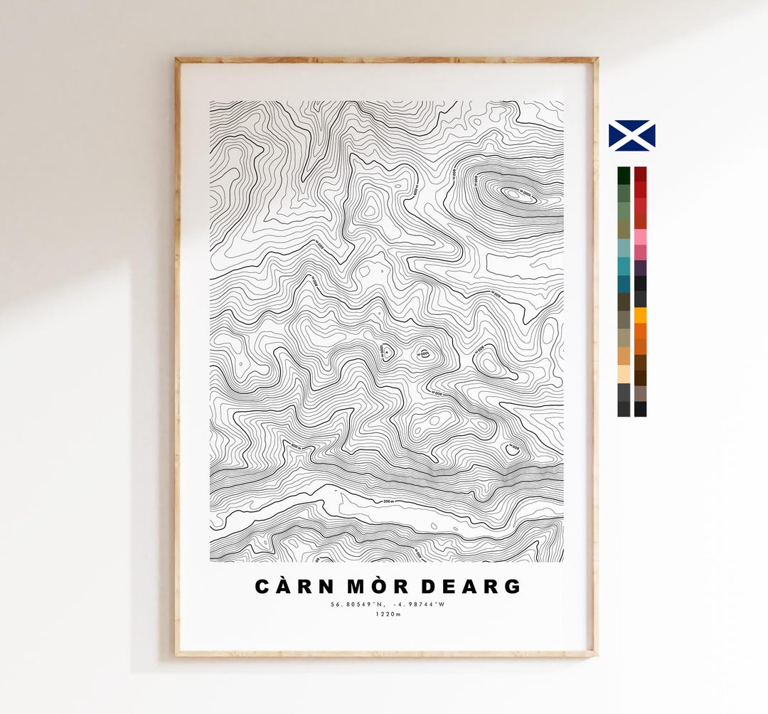Carn Mor Dearg Print - Contour Map - Carn Mor Dearg Poster - Scotland ...