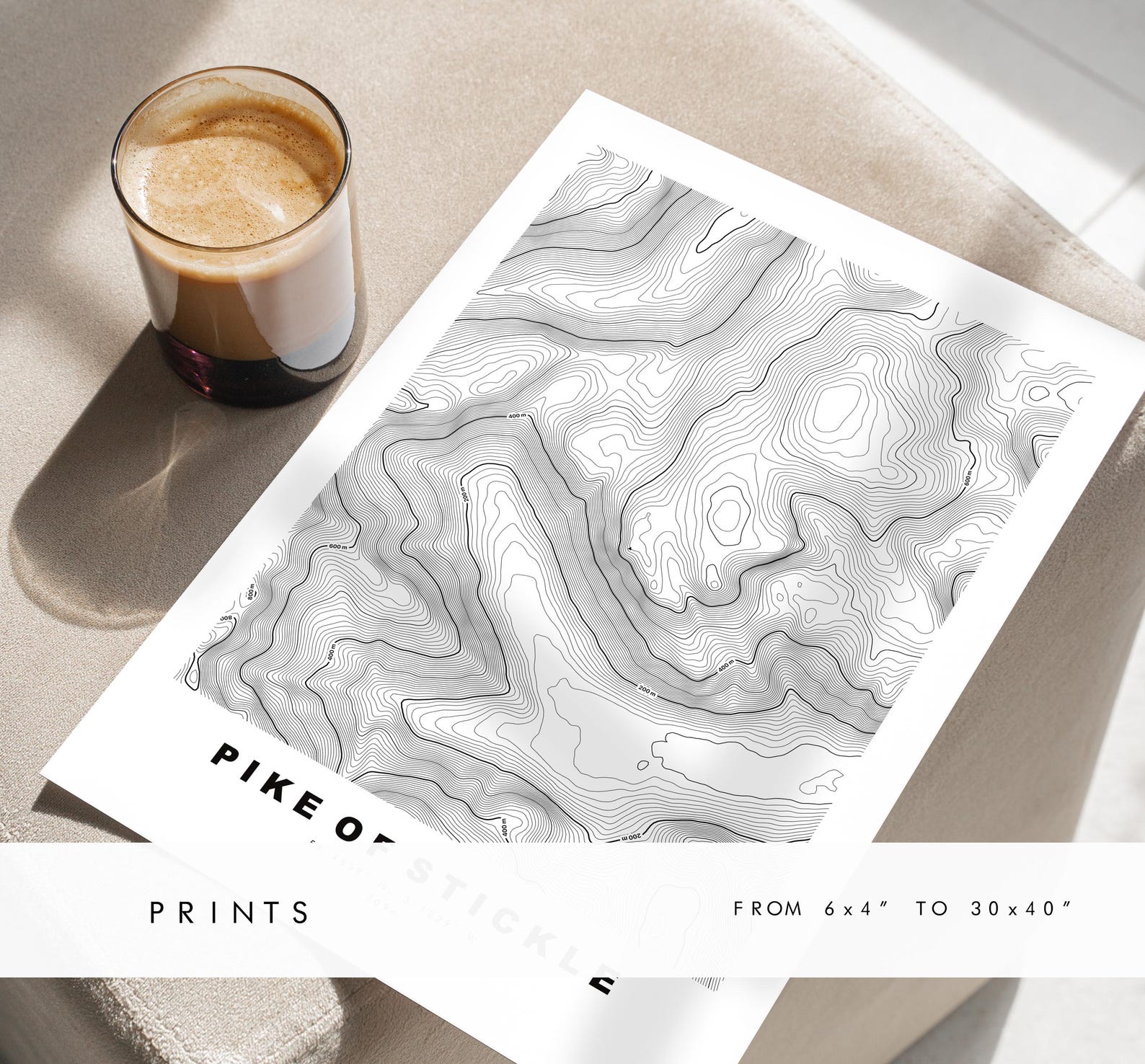 Pike of Stickle Print - Contour Map - Langdale Pikes Map - Lake ...