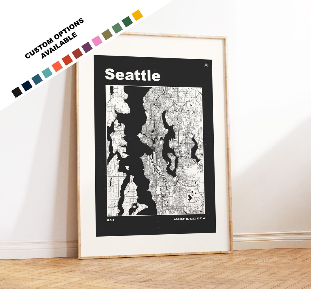 Seattle Map Print - Custom Options/colours Available - Prints or Framed ...