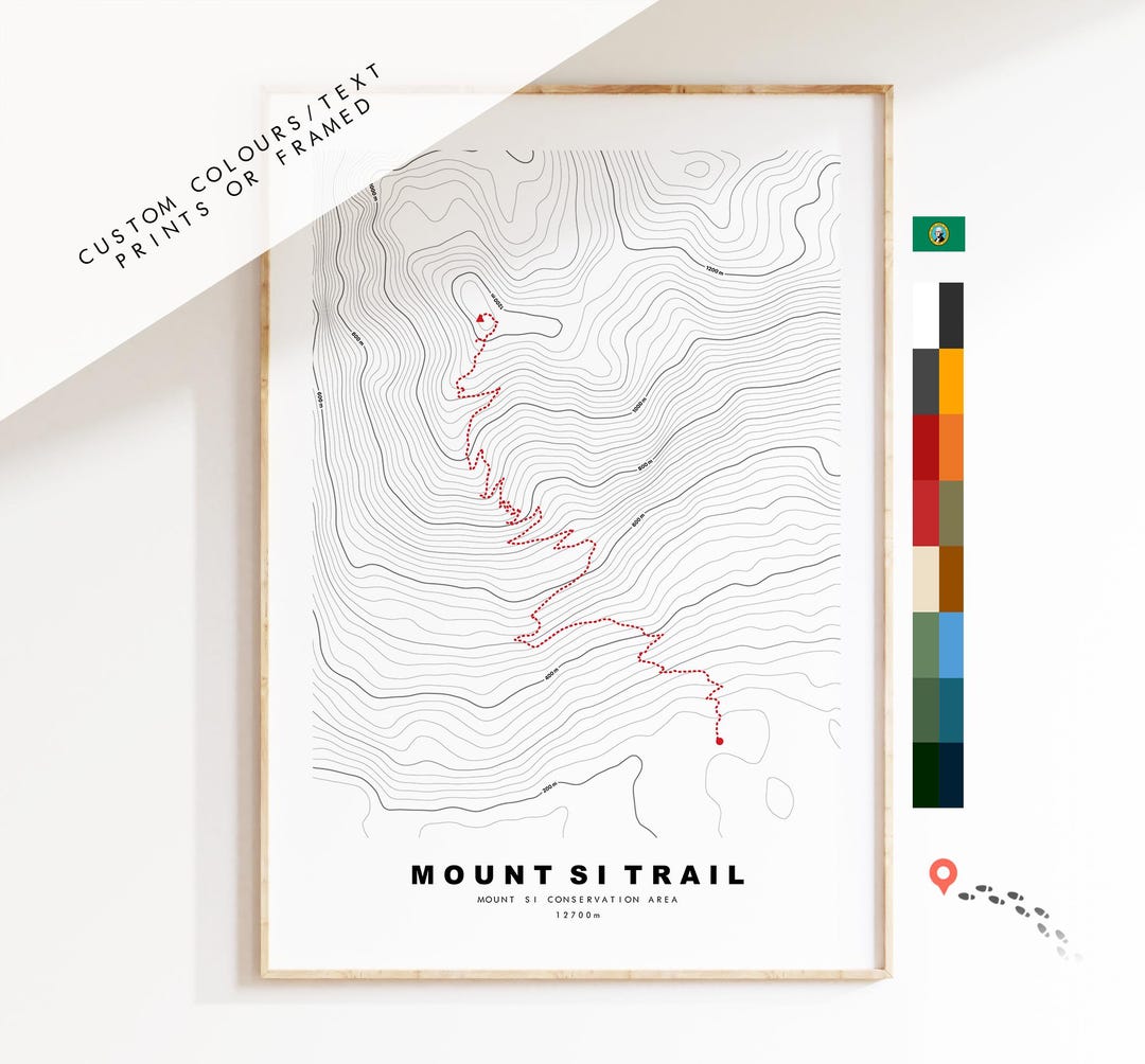 Mount Si Trail Map Print - Trail and Contour Map - Topography - Contour ...