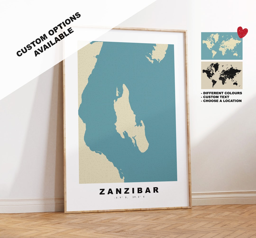Zanzibar Map Print - Personalised Map Gift - Framed or Canvas Options ...