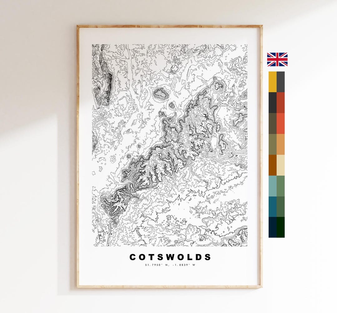 Cotswolds Map Print - Contour Map - Cotswolds Map - UK County Tops and ...