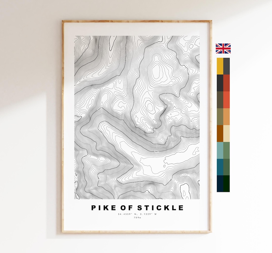 Pike of Stickle Print - Contour Map - Langdale Pikes Map - Lake ...