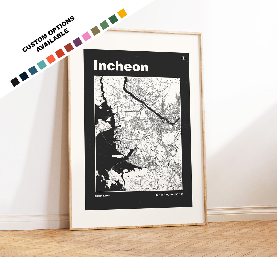 Incheon Map Print - Custom Options/colours Available - Prints or Framed ...