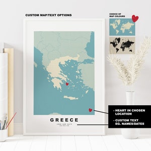 Greece Map Print - Personalised Map Gift - Vintage Style - Anniversary ...