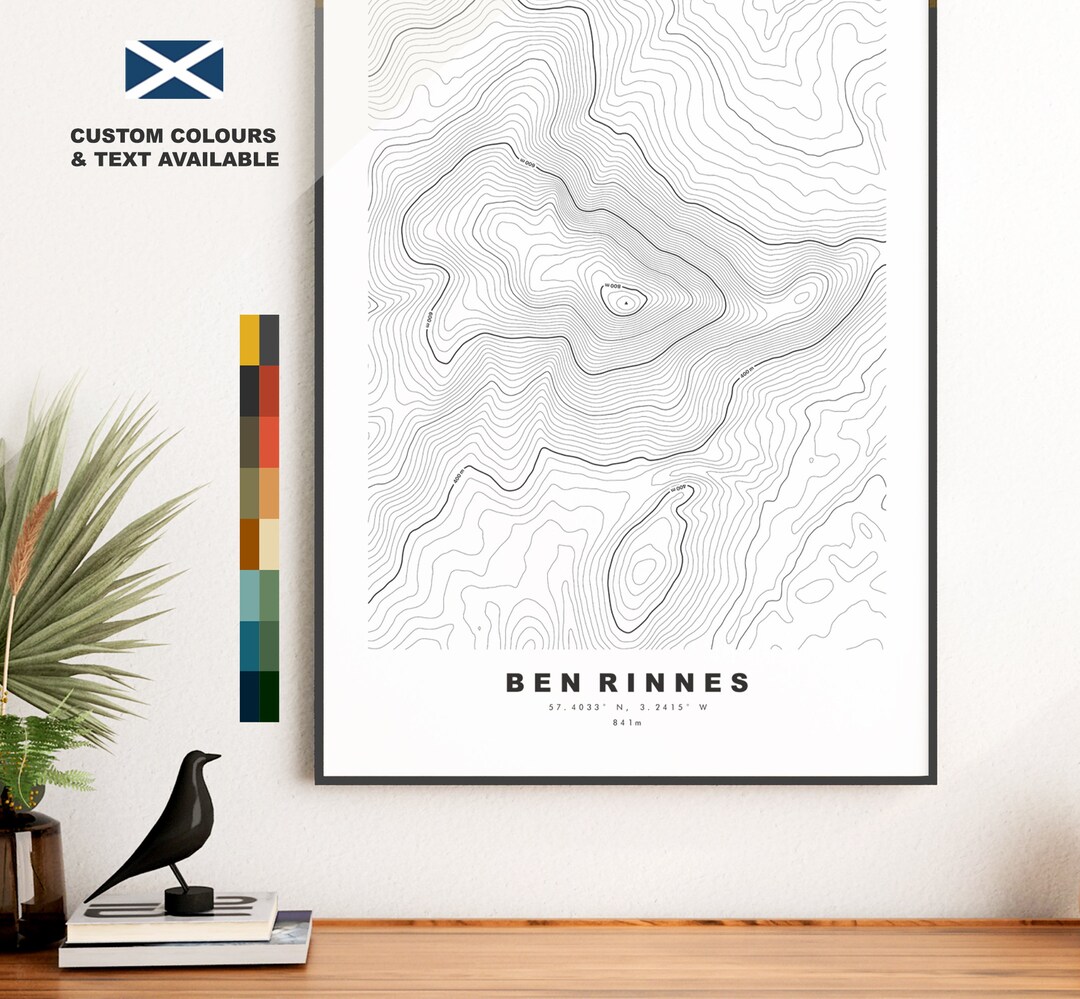Ben Rinnes Print - Contour Map - Ben Rinnes Poster - Scotland ...