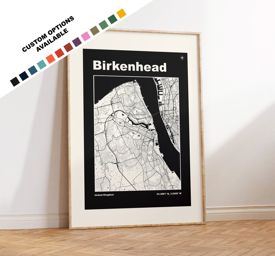 Birkenhead Map Print Custom Options/colours Available Prints or Framed ...
