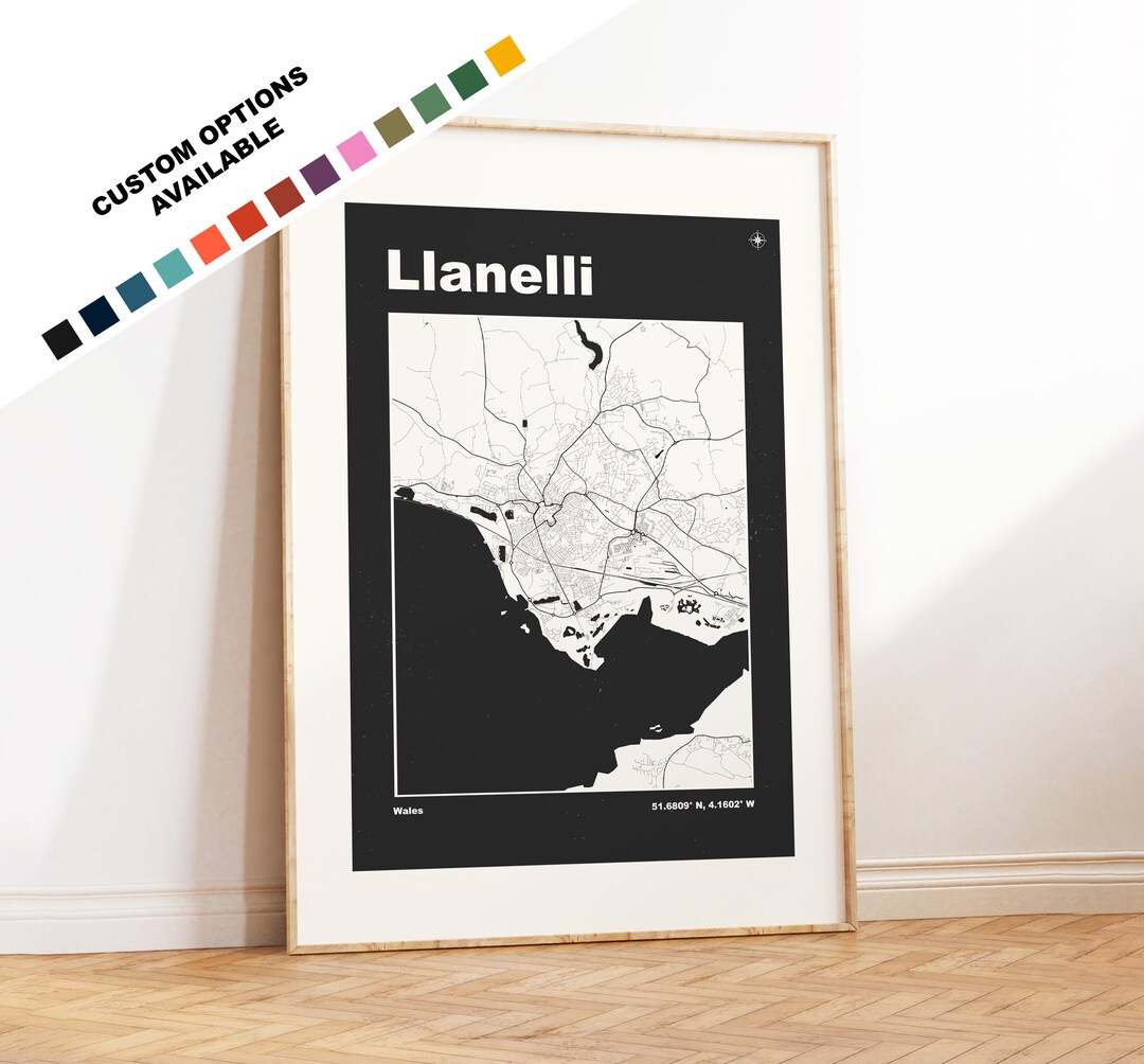 Llanelli Map Print Custom Options/colours Available Prints or Framed ...