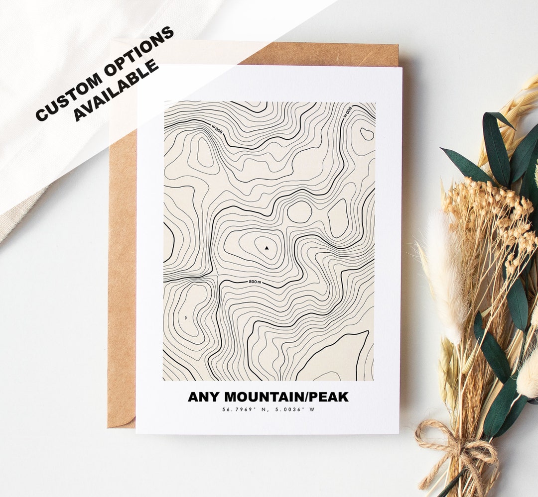 Custom Mountain Map Greeting Card - Any Mountain/peak - Custom Text ...