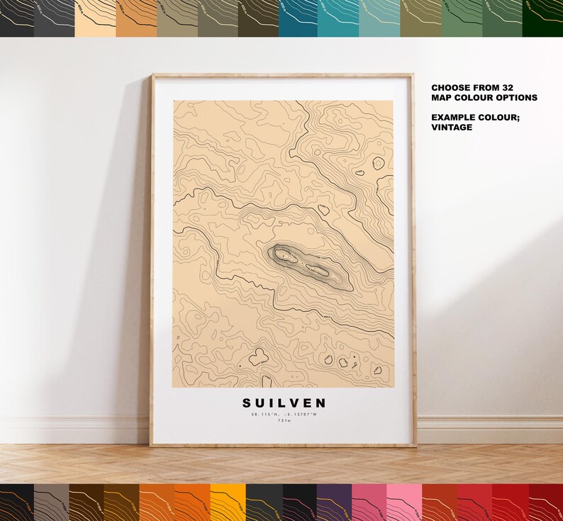 Suilven Print - Contour Map - Suilven Poster - Scotland - Topographic ...