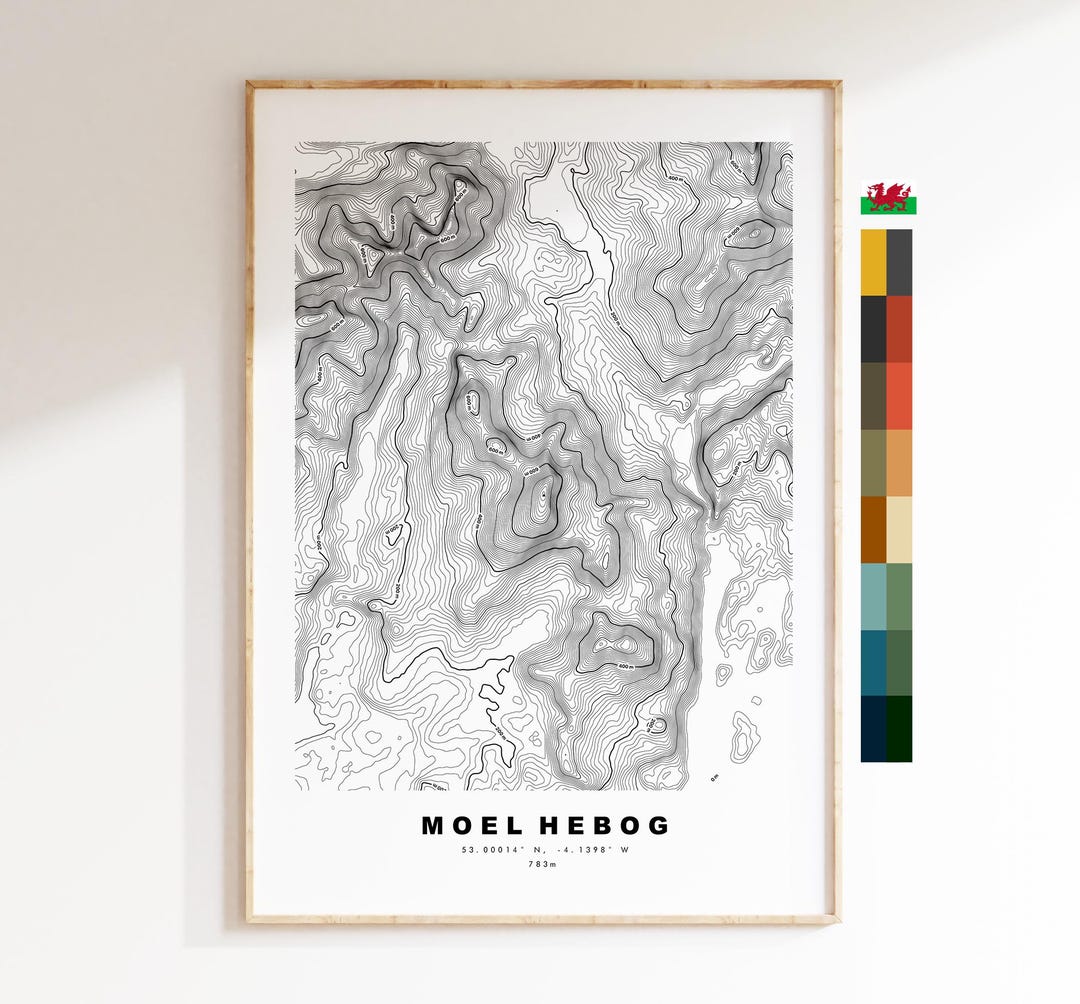 Moel Hebog Print - Contour Map - Snowdonia - Wales - Topographic Map ...