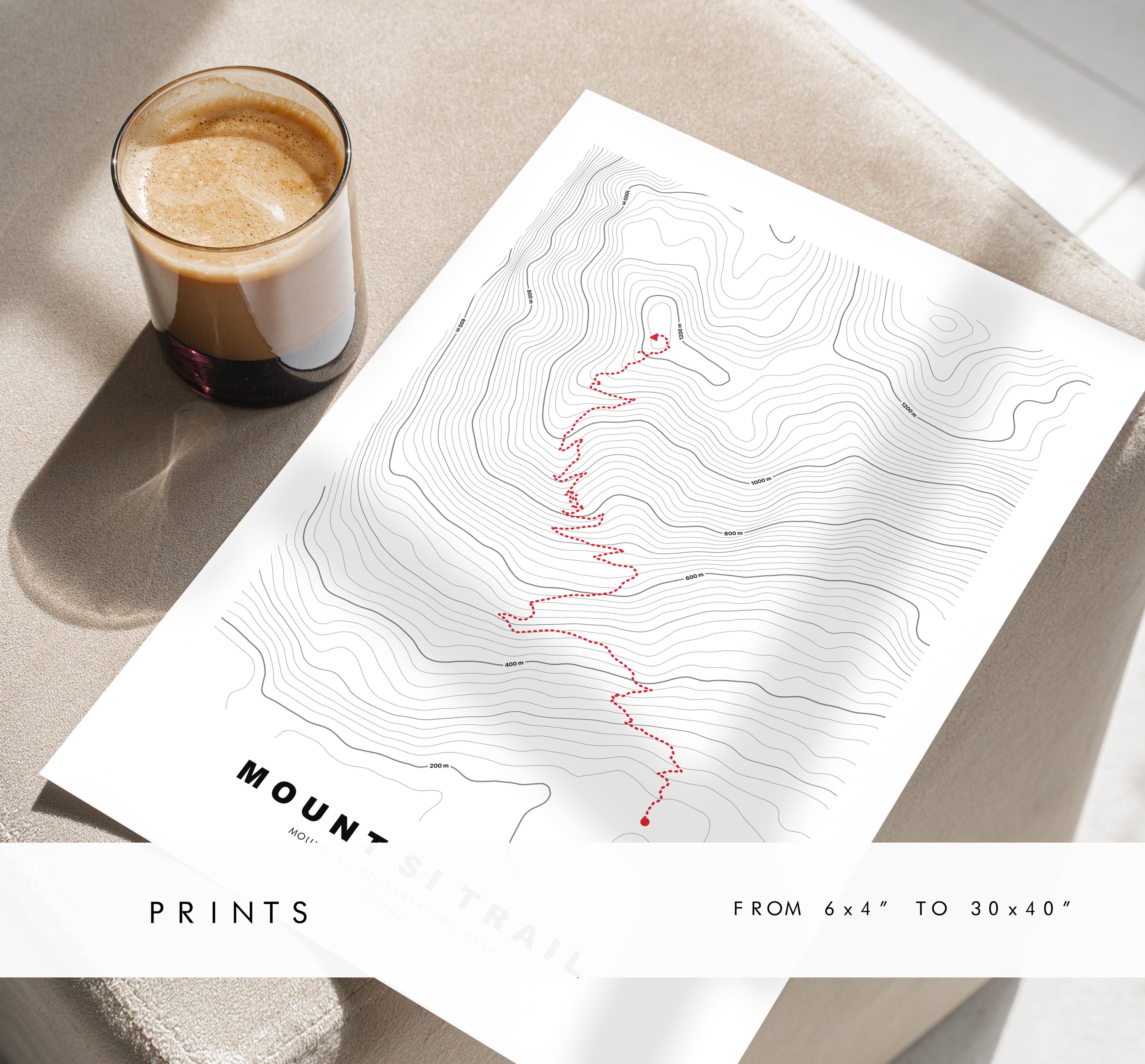 Mount Si Trail Map Print - Trail and Contour Map - Topography - Contour ...