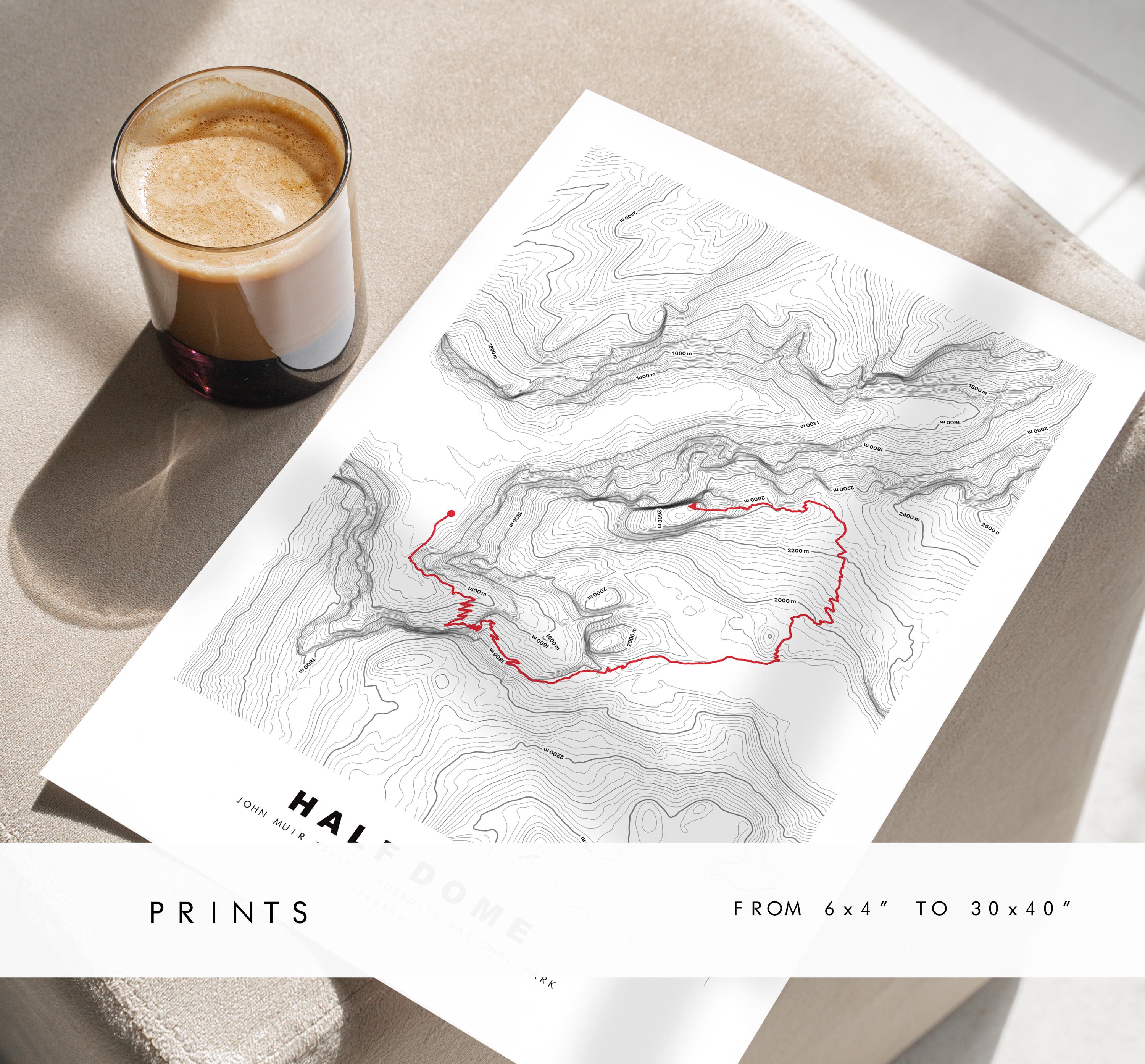 Half Dome Trail Map Print - Trail and Contour Map - Topography ...