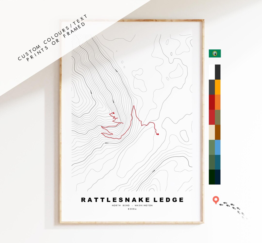 Rattlesnake Ledge Trail Map Print - Trail and Contour Map - Topography ...