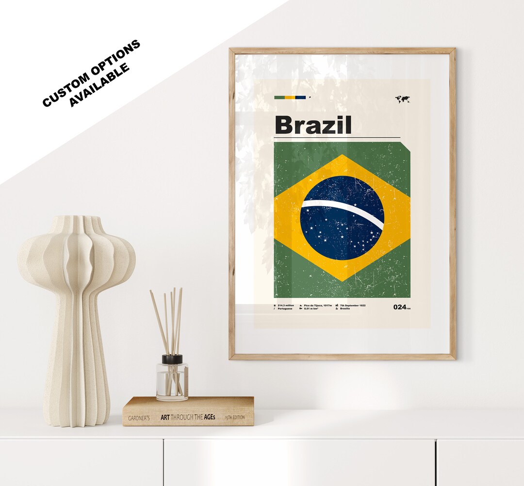 Brazil Flag Print - Flag Poster - Mid Century Modern - Custom Options ...