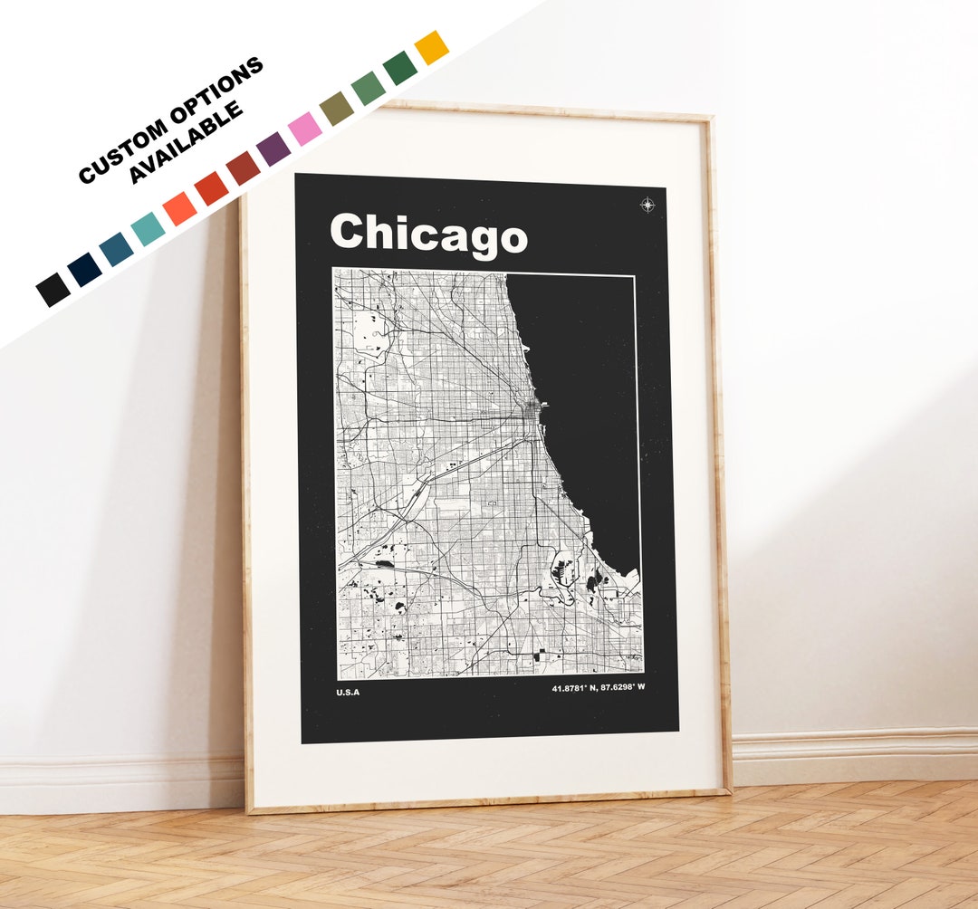 Chicago Map Print - Custom Options/colours Available - Prints or Framed ...