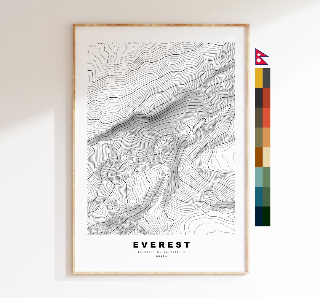 Everest Map Print - Contour Map Print - Topographic Map - Poster - Wall ...