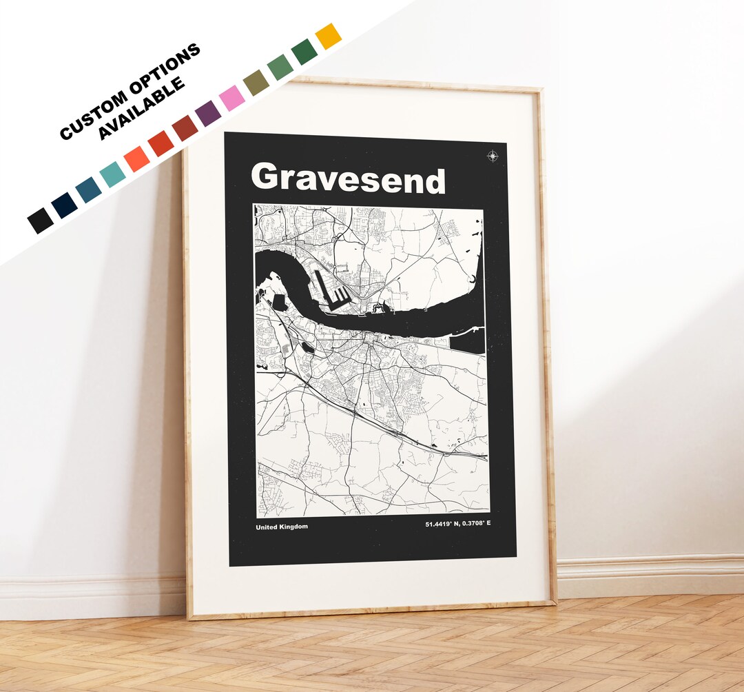 Gravesend Map Print - Custom Options/colours Available - Prints or ...