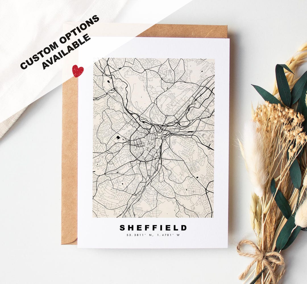 Sheffield Map Greeting Card - Custom Options Available - Custom Map ...