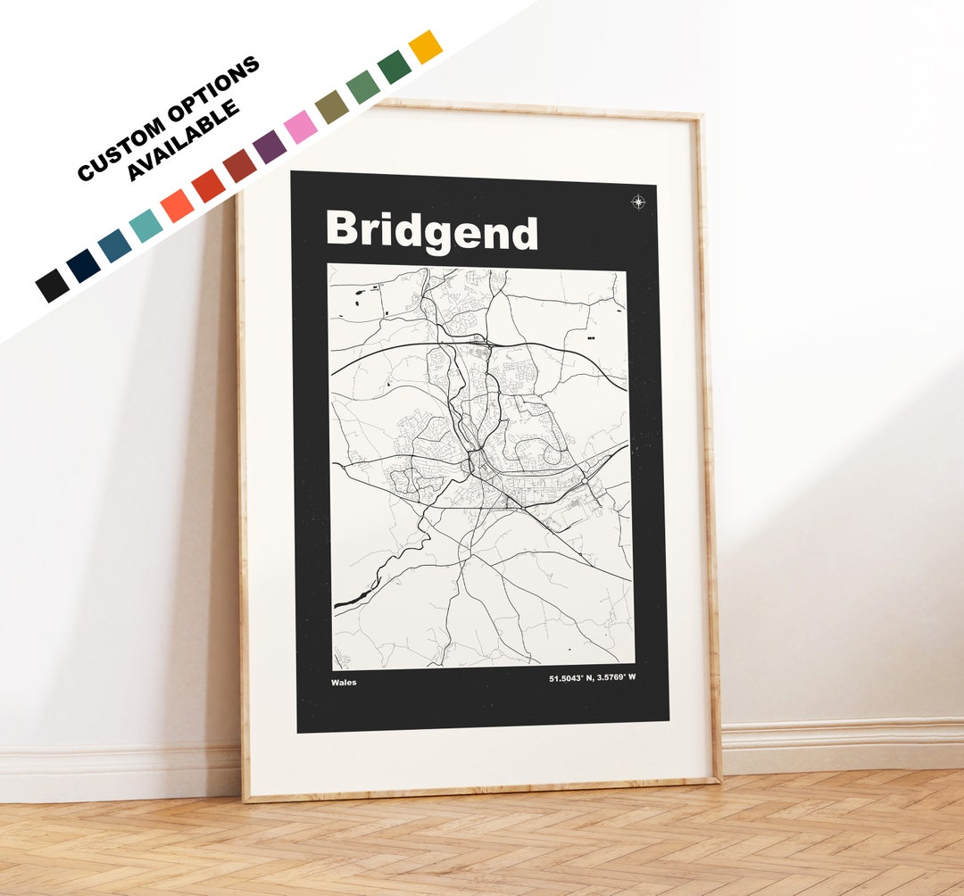 Bridgend Map Print - Custom Options/colours Available - Prints or ...
