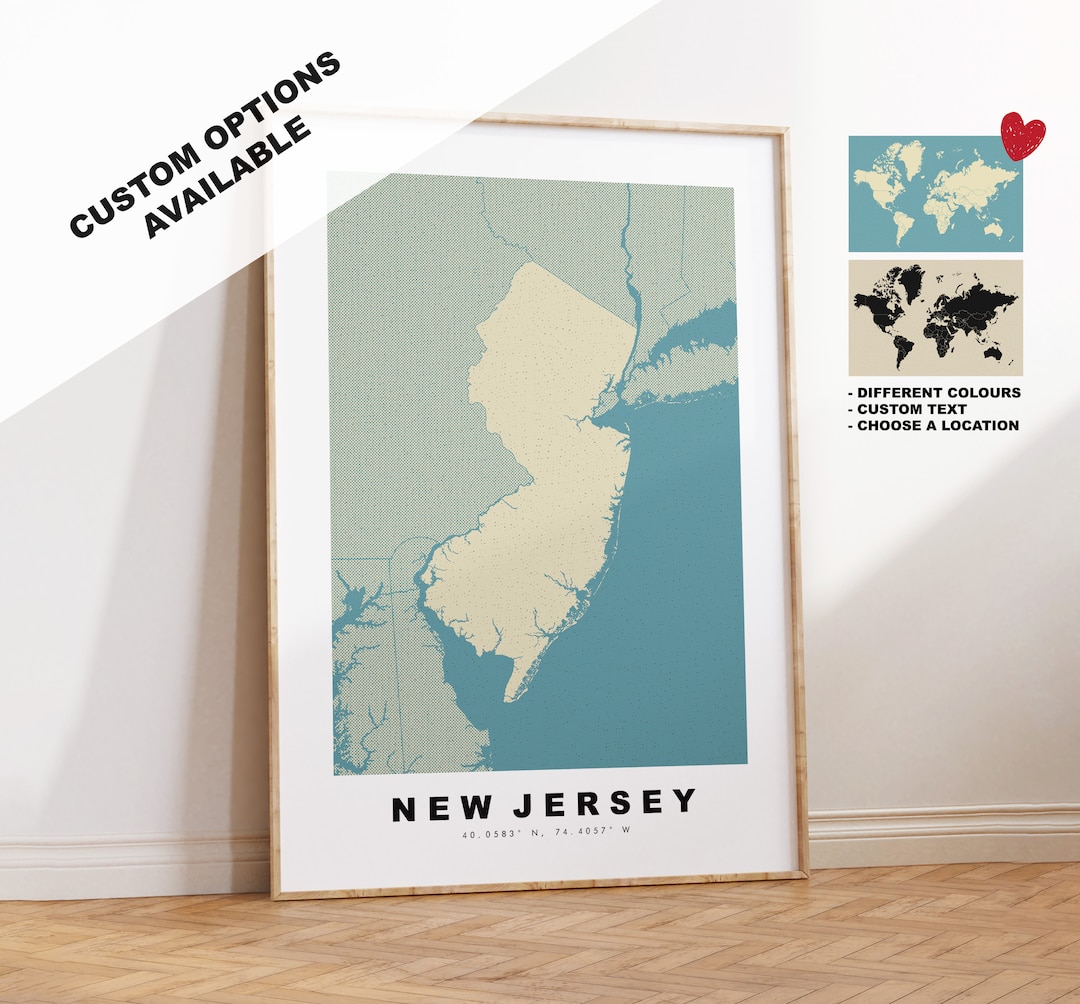 New Jersey Map Print - Personalised Map Gift - Framed or Canvas Options ...