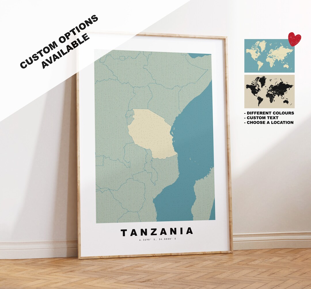 Tanzania Map Print - Personalised Map Gift - Framed or Canvas Options ...