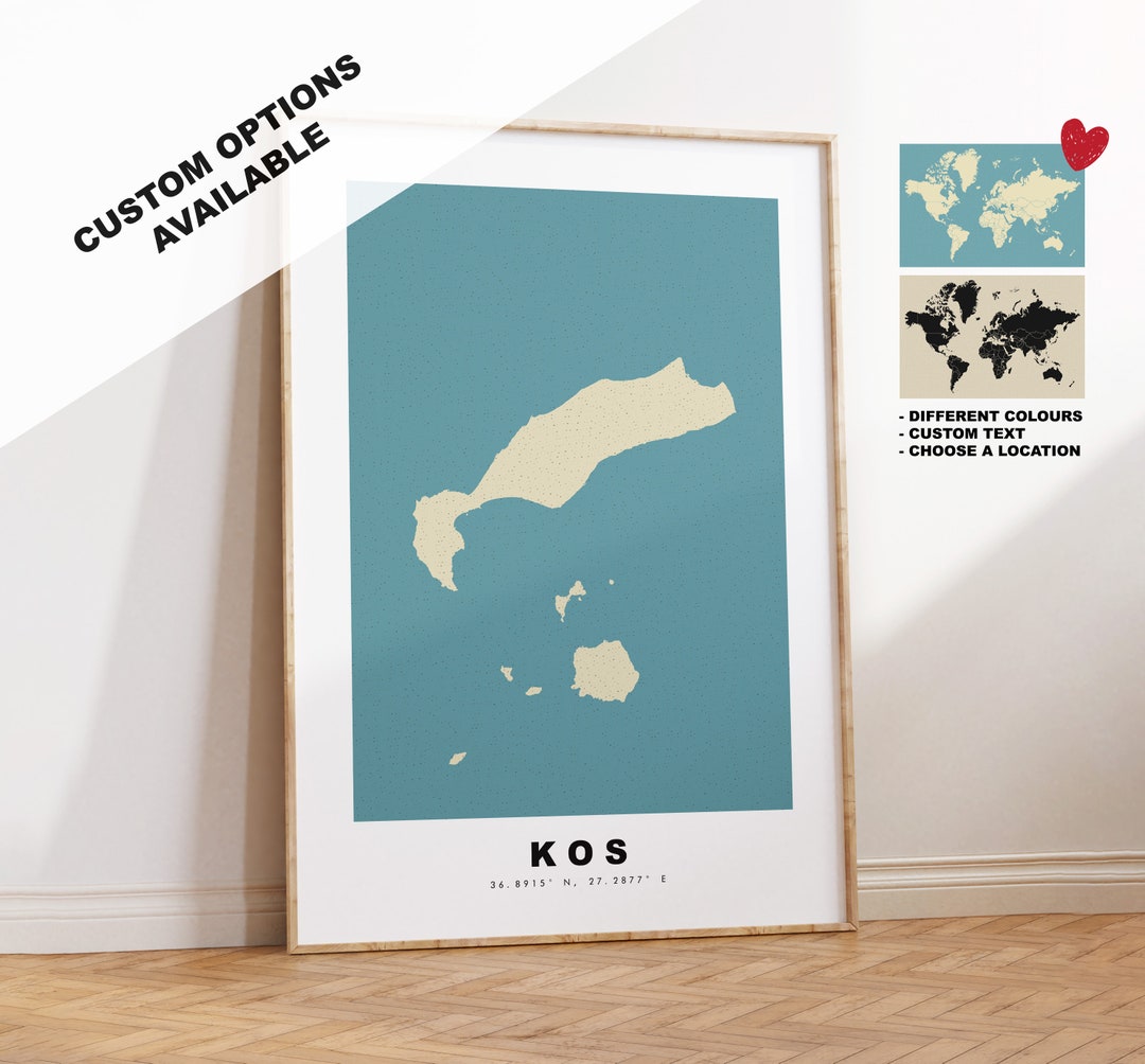 Kos Map Print - Personalised Map Gift - Framed or Canvas Options ...