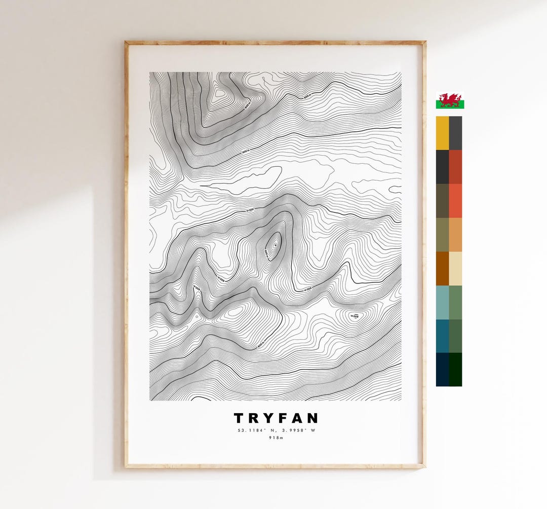 Tryfan Print - Contour Map - Snowdonia - Wales - Topographic Map ...