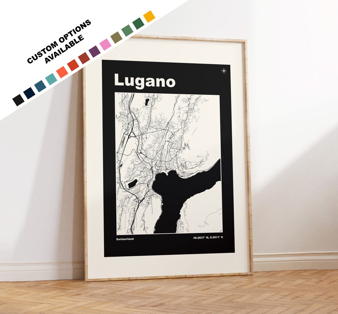 Lugano Map Print - Print, Framed or on Canvas - Lugano Poster - Lugano ...