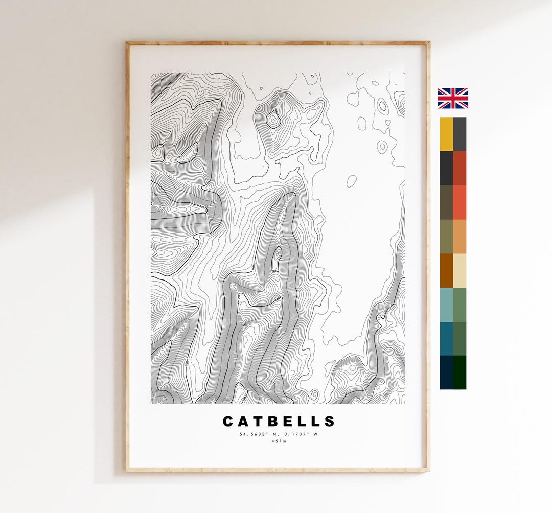 Catbells Print - Contour Map - Cat Bells Lake District Map - Lake ...