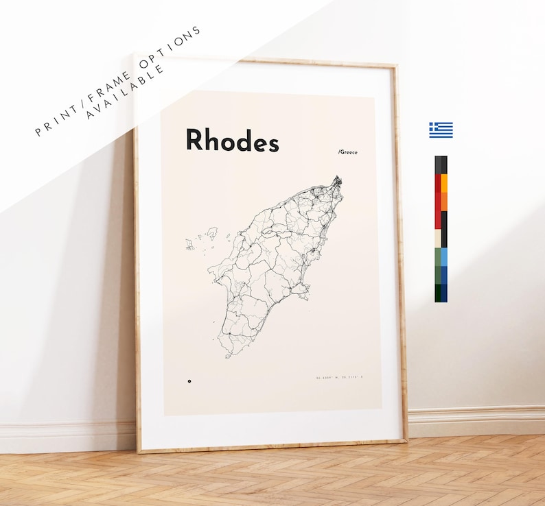 Rhodes Map Print - Custom Options/colours Available - Prints or Framed ...