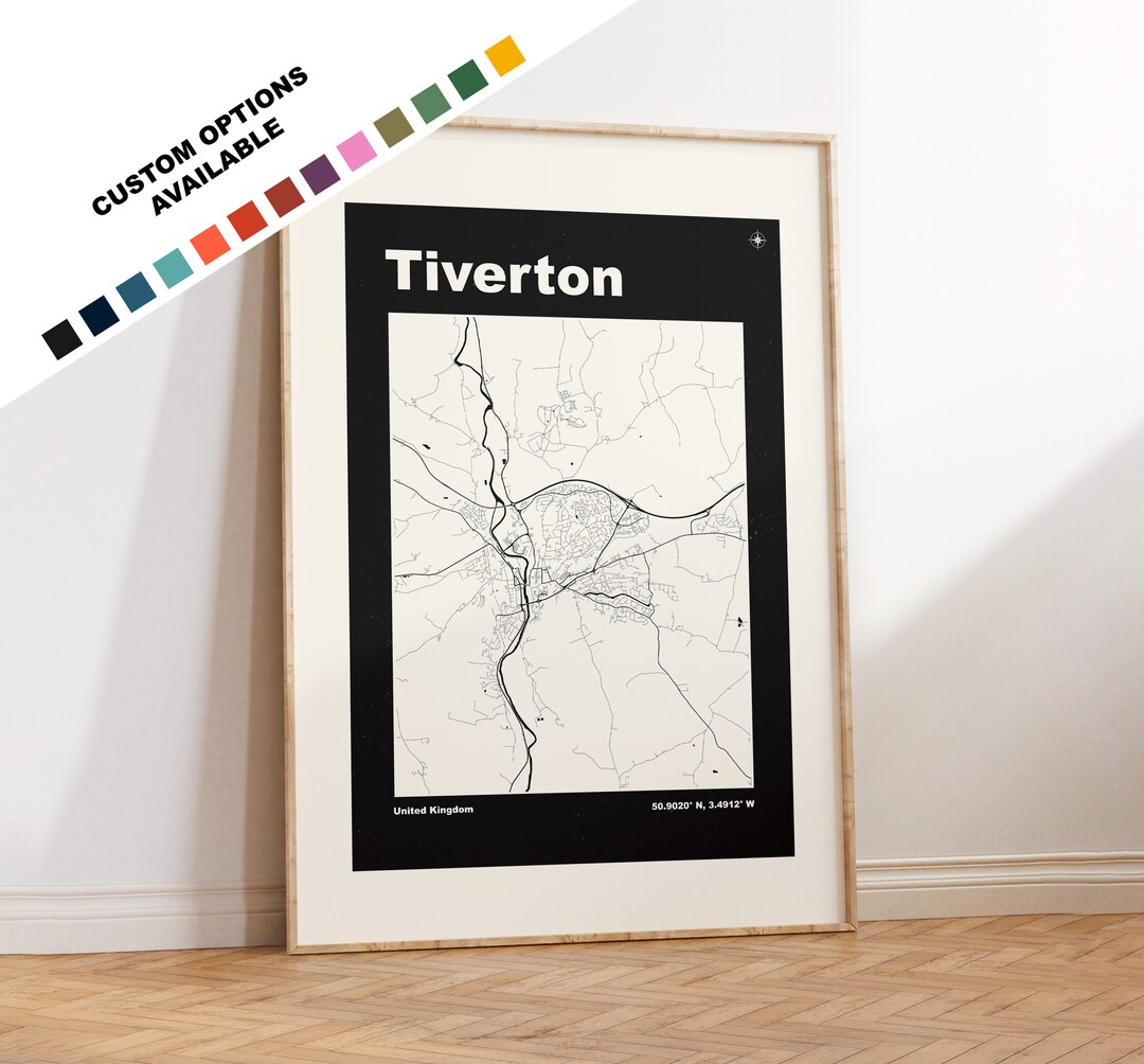 Tiverton Map Print Custom Options/colours Available Prints or Framed ...
