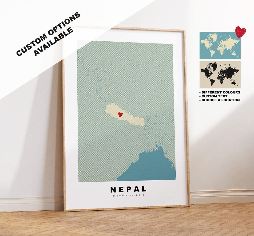 Nepal Map Print - Personalised Map Gift - Framed or Canvas Options ...
