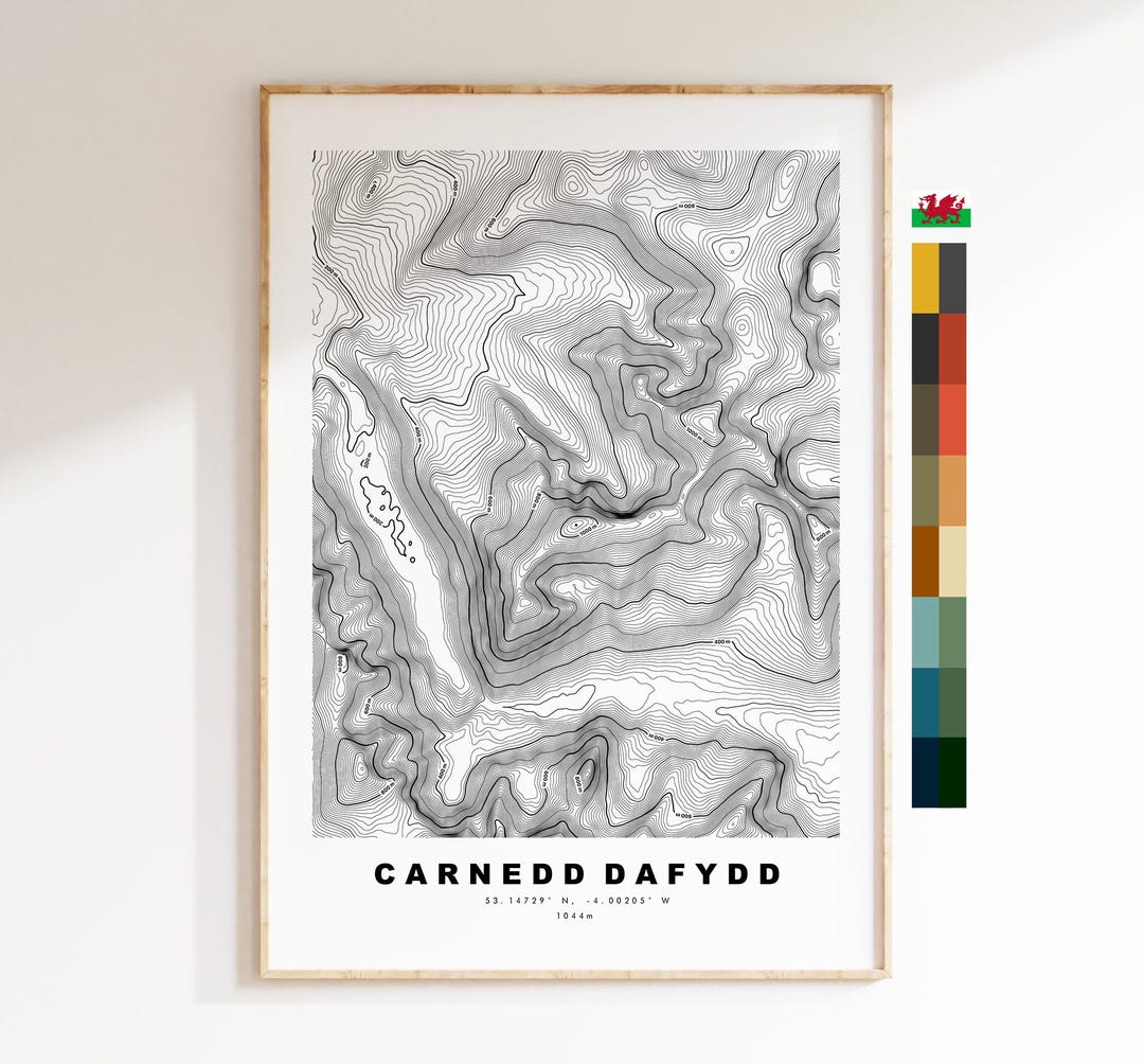 Carnedd Dafydd Print - Contour Map - Snowdonia - Wales - Topographic ...