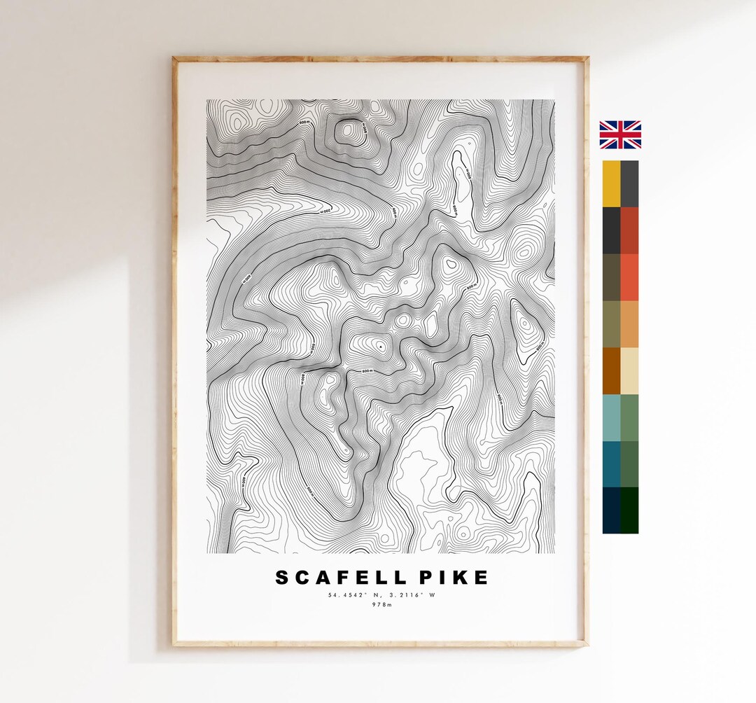Scafell Pike Print - Contour Map - Scafell Pike Poster - Lake District ...
