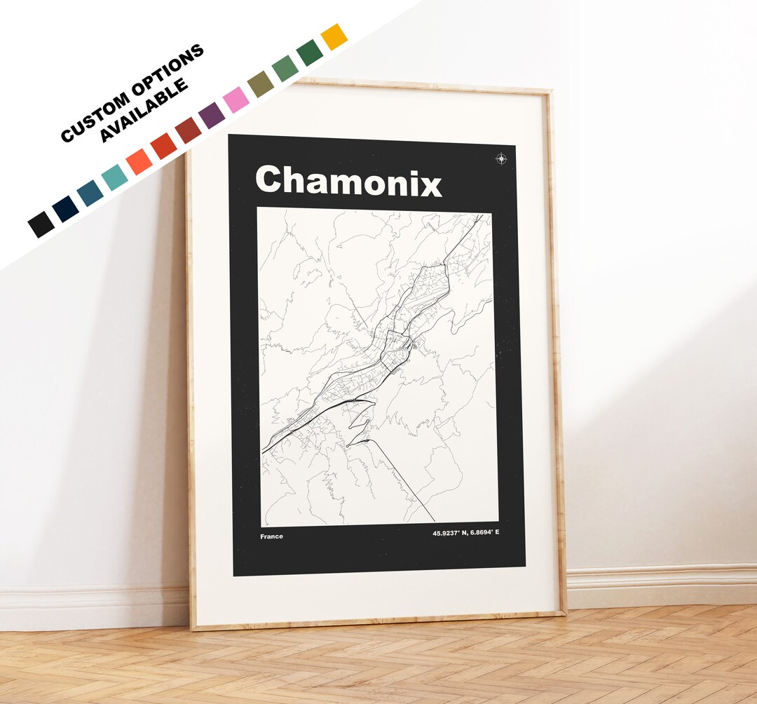 Chamonix Map Print - Print, Framed or on Canvas - Prints or Framed ...