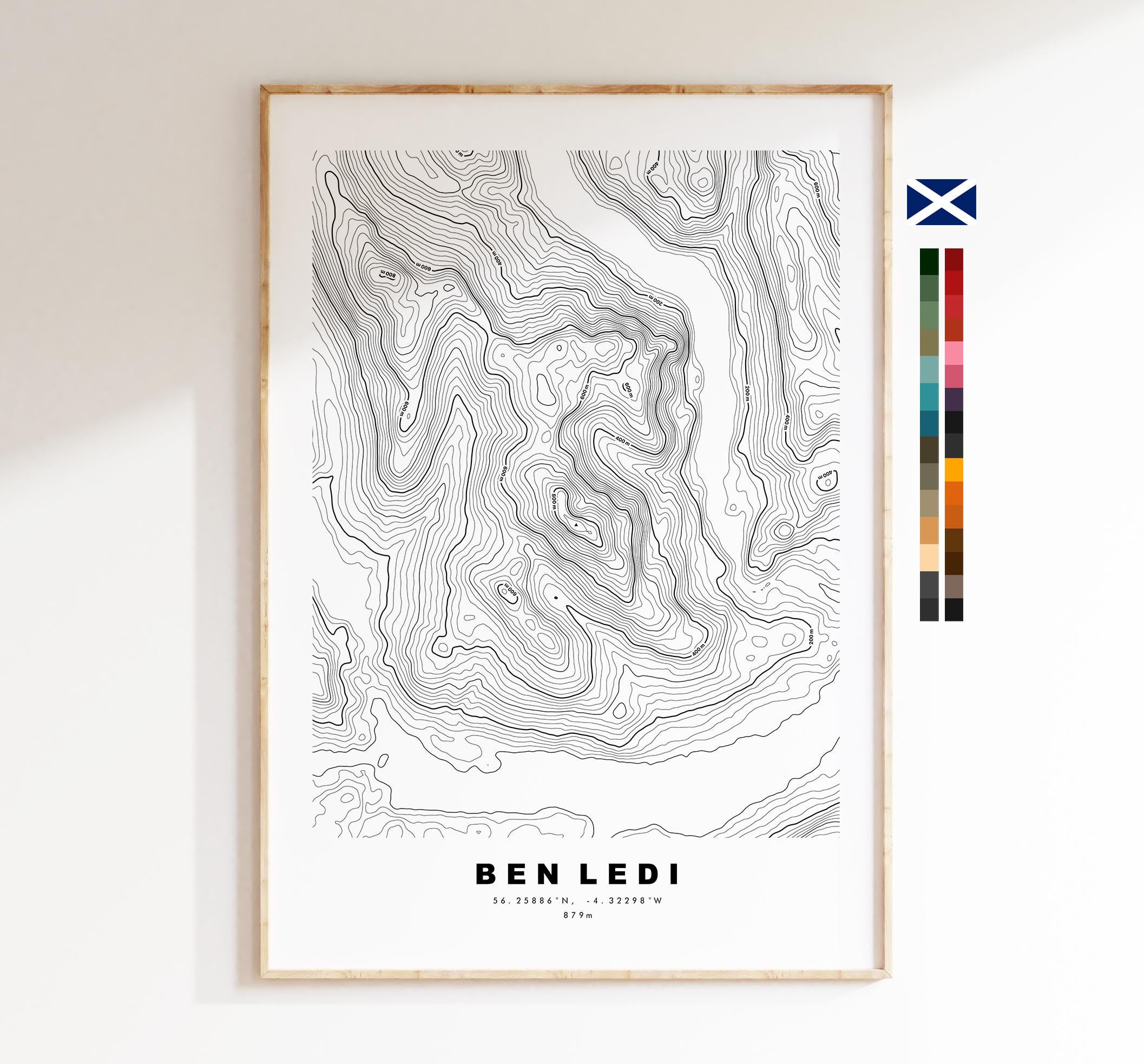 Ben Ledi Print - Contour Map - Ben Ledi Poster - Scotland - Topographic ...