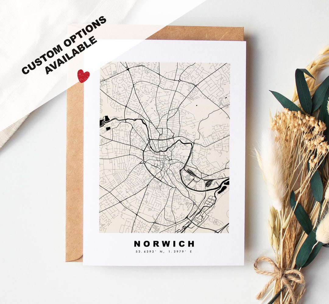 Norwich Map Greeting Card - Custom Options Available - Custom Map ...