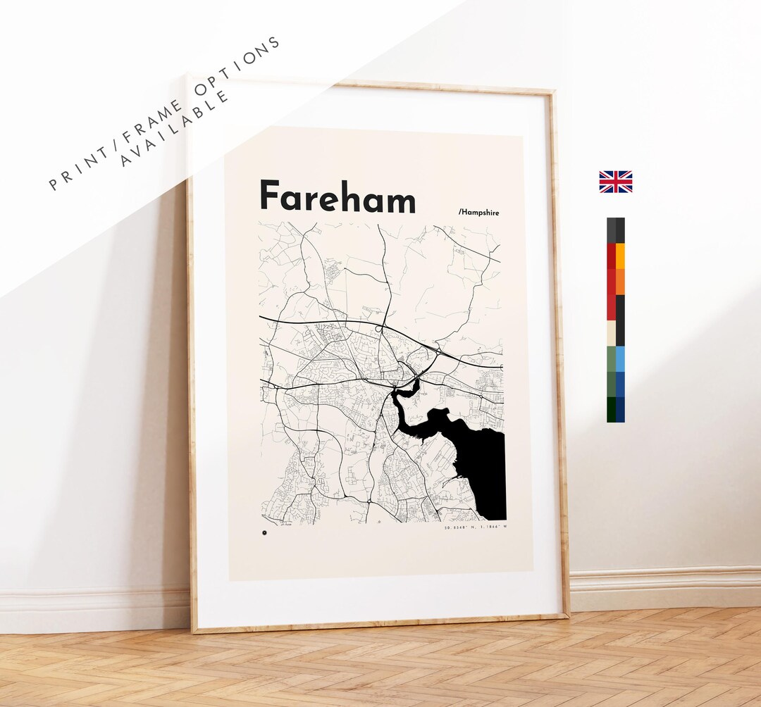Fareham Map Print - Custom Options/colours Available - Prints or Framed ...