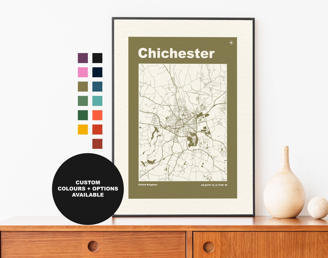 Chichester Print Map Print Mid Century Modern Retro - Etsy