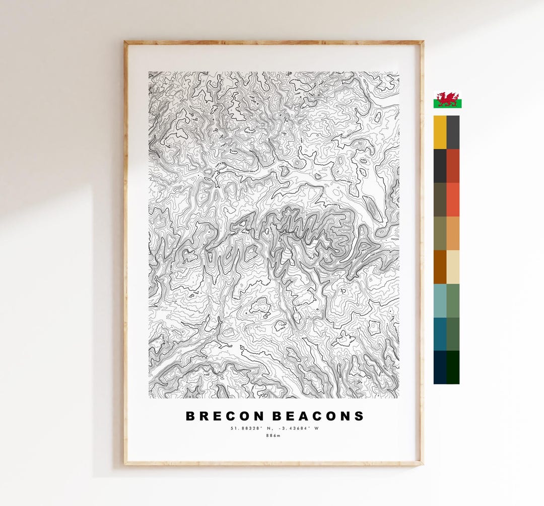 Brecon Beacons Print - Contour Map - Bannau Brycheiniog Map ...