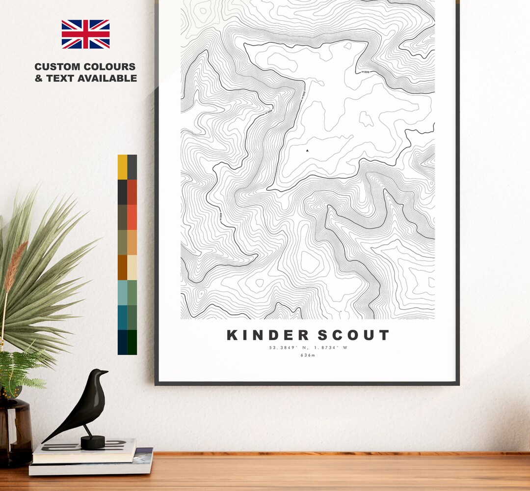Kinder Scout Print - Contour Map - Kinder Scout Map - Topographic Map ...