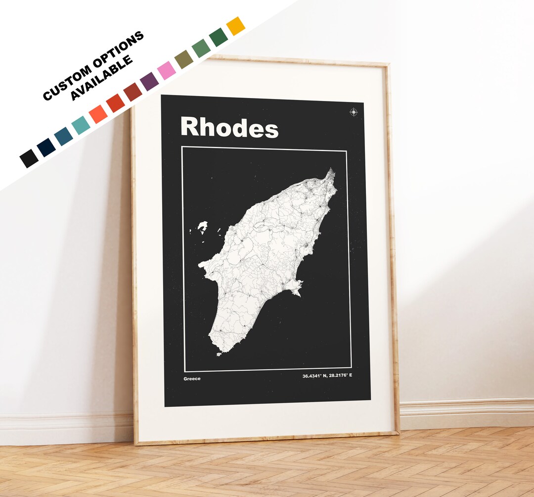 Rhodes Map Print - Custom Options/colours Available - Prints or Framed ...