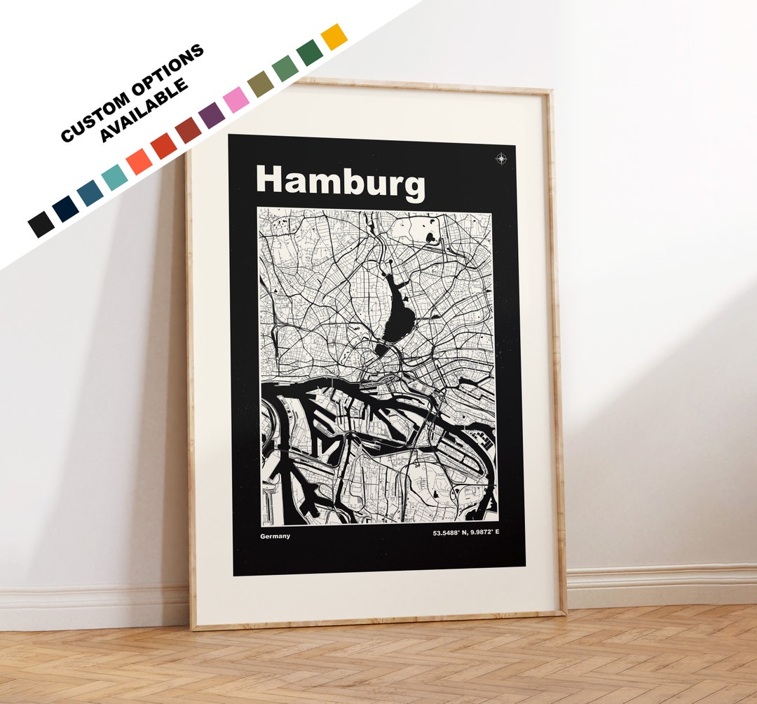 Hamburg Map Print Print, Framed or on Canvas Hamburg Poster Hamburg Germany Custom Text Options ...