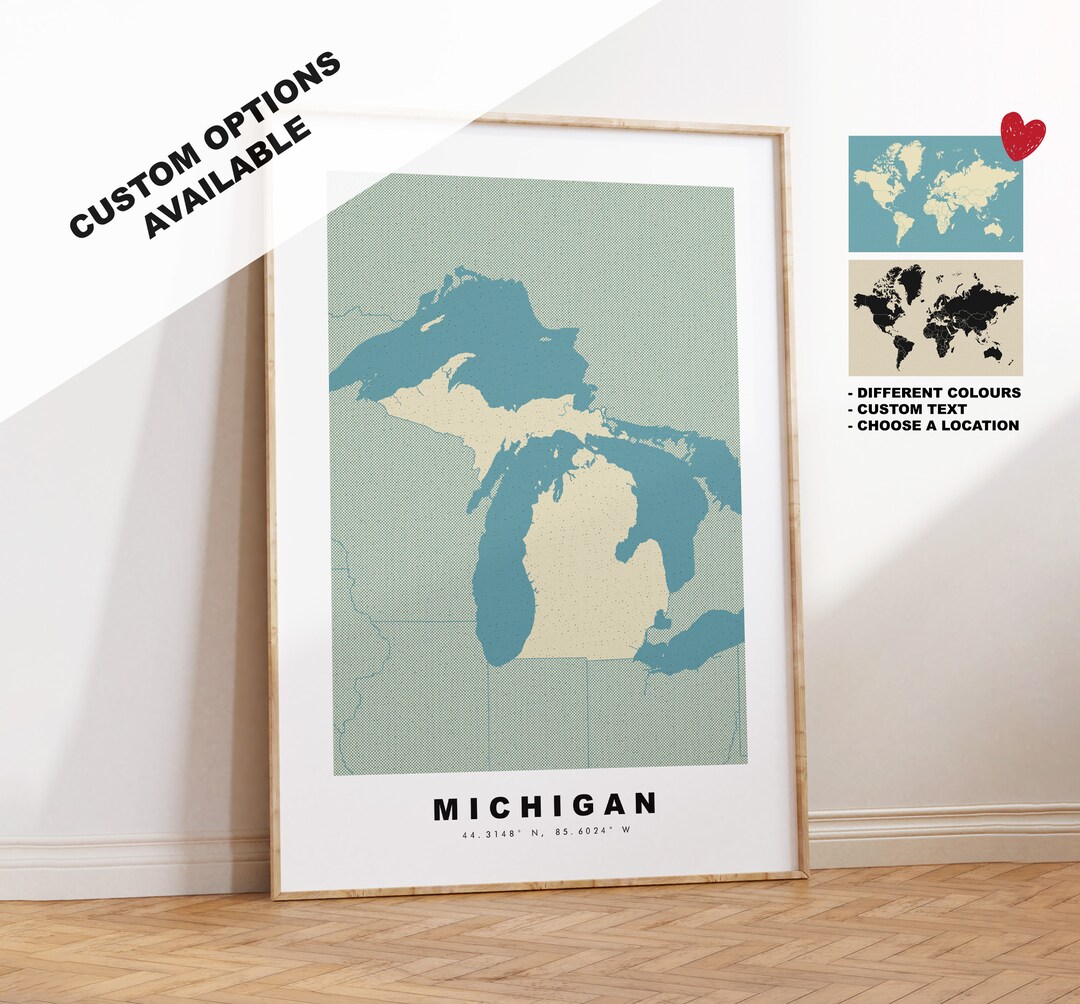 Michigan Map Print - Personalised Map Gift - Framed or Canvas Options ...