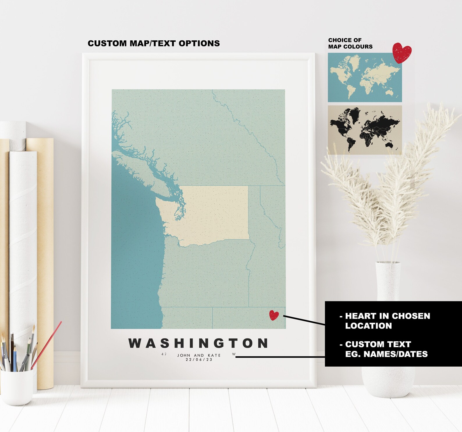 Washington State Print - Custom Map Print - Personalised Text Gift ...