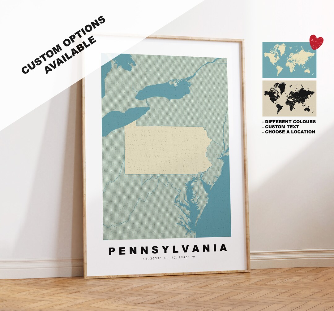 Pennsylvania Map Print - Personalised Map Gift - Framed or Canvas ...
