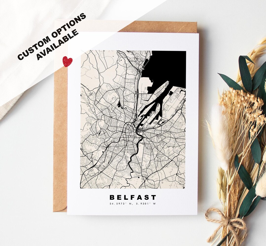 Belfast Map Greeting Card - Custom Options Available - Custom Map ...